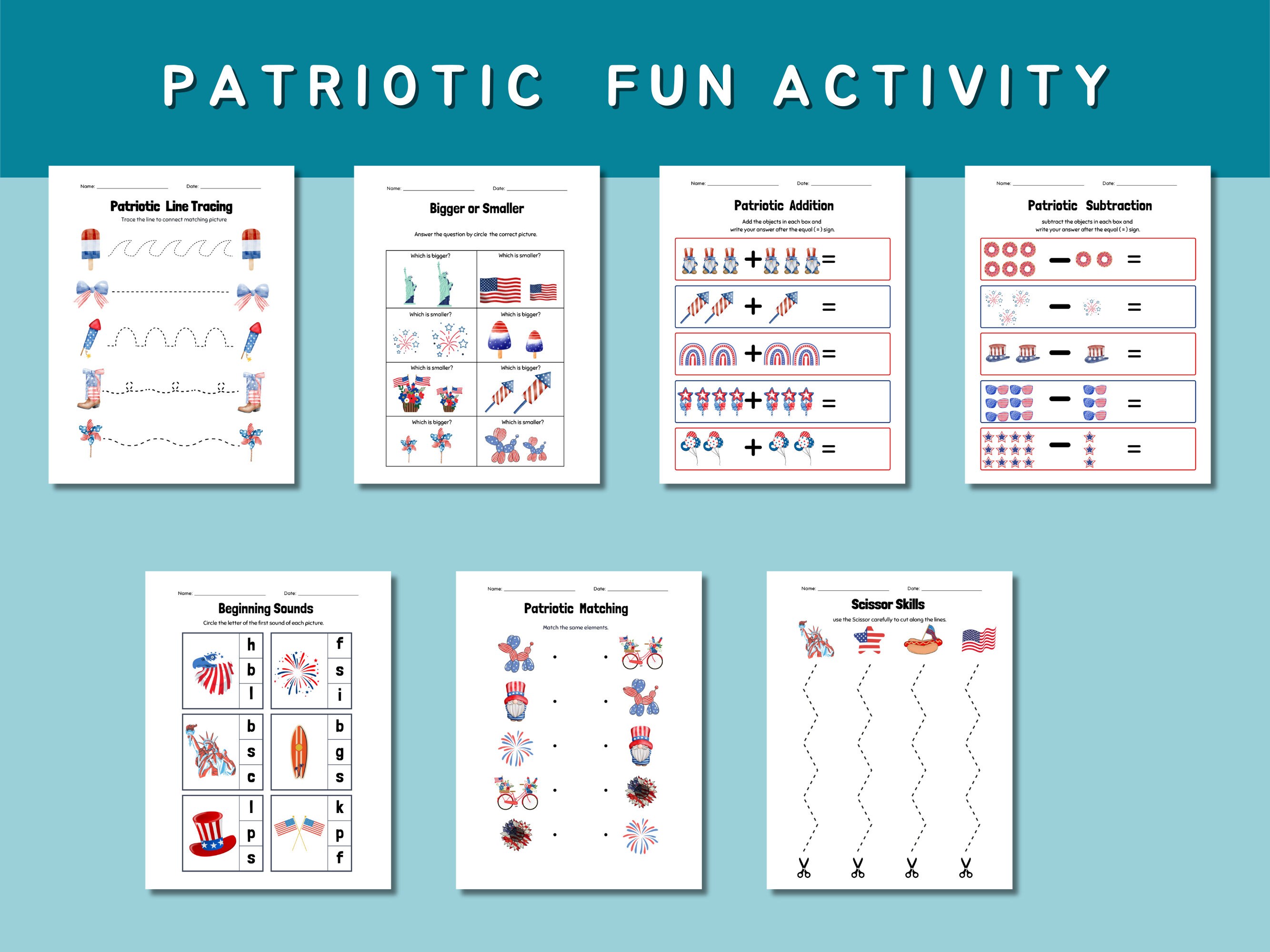 Patriotic Activity Pack, Worksheets for Toddler,4th of July Preschool ...