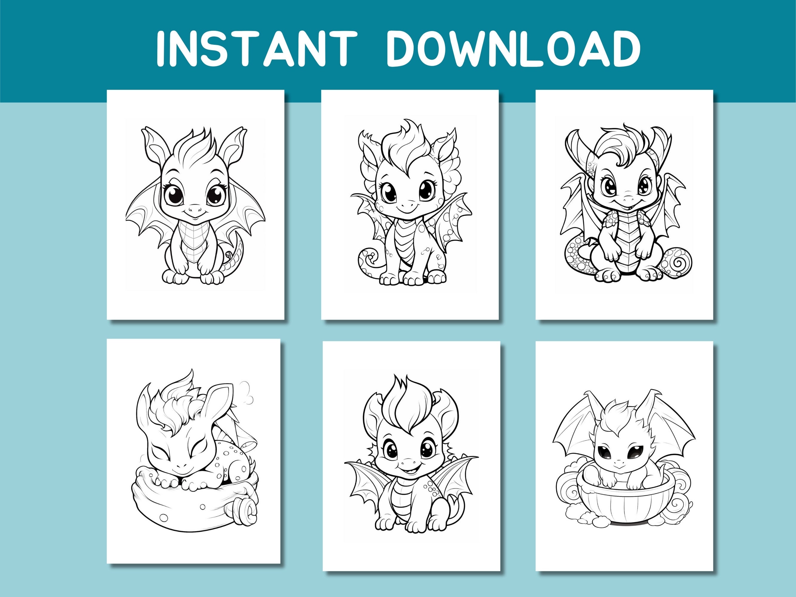 Cute Dragon Coloring Page for Kids,20 Digital Printable Baby Dragons ...