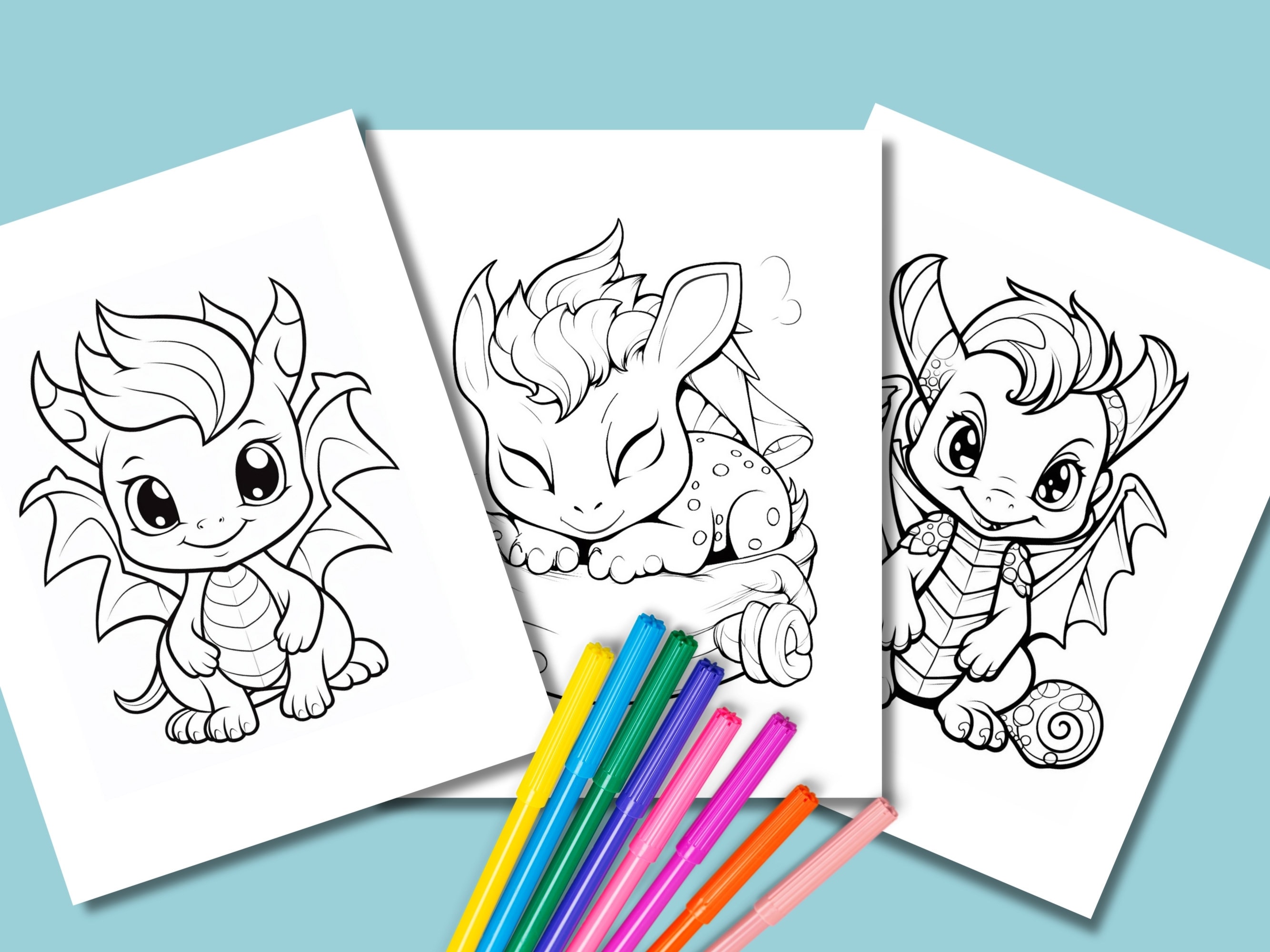 Cute Dragon Coloring Page for Kids,20 Digital Printable Baby Dragons ...