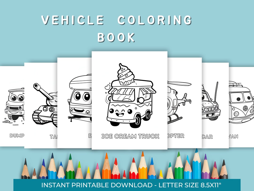 Cute Vehicles Coloring Book, Transportation, Coloring Pages for Kids ...