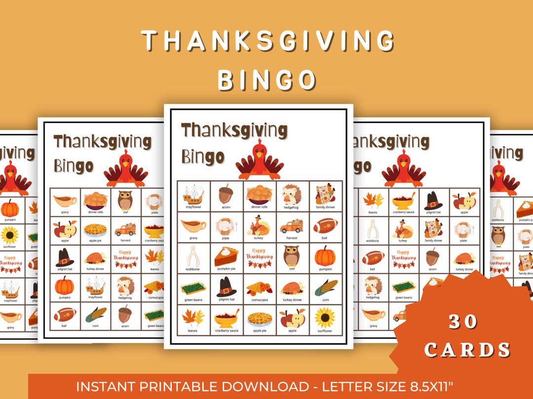 Thanksgiving Bingo Cards ,30 Printable Cards, Bingo Board Game for Kids ...