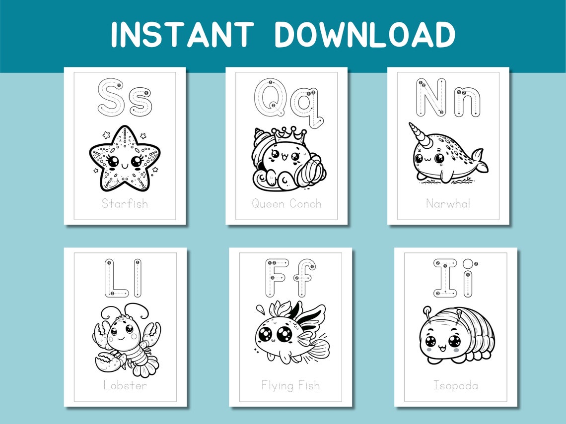 Ocean Animal Alphabet Coloring Page for Kids, Preschool Worksheet ...