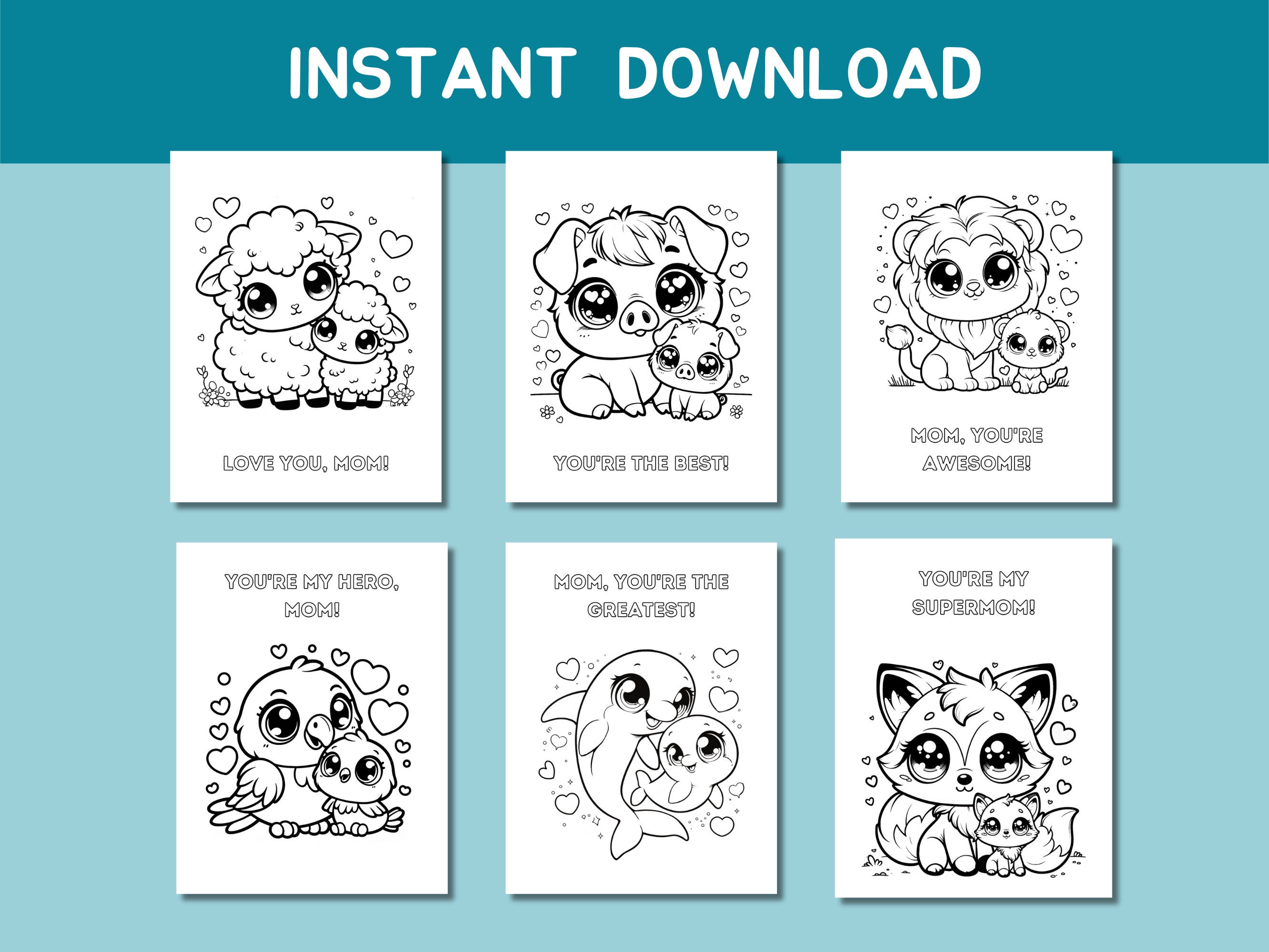 Cute Mom & Baby Animal Coloring Pages for Kids, Mother 's Day Coloring ...