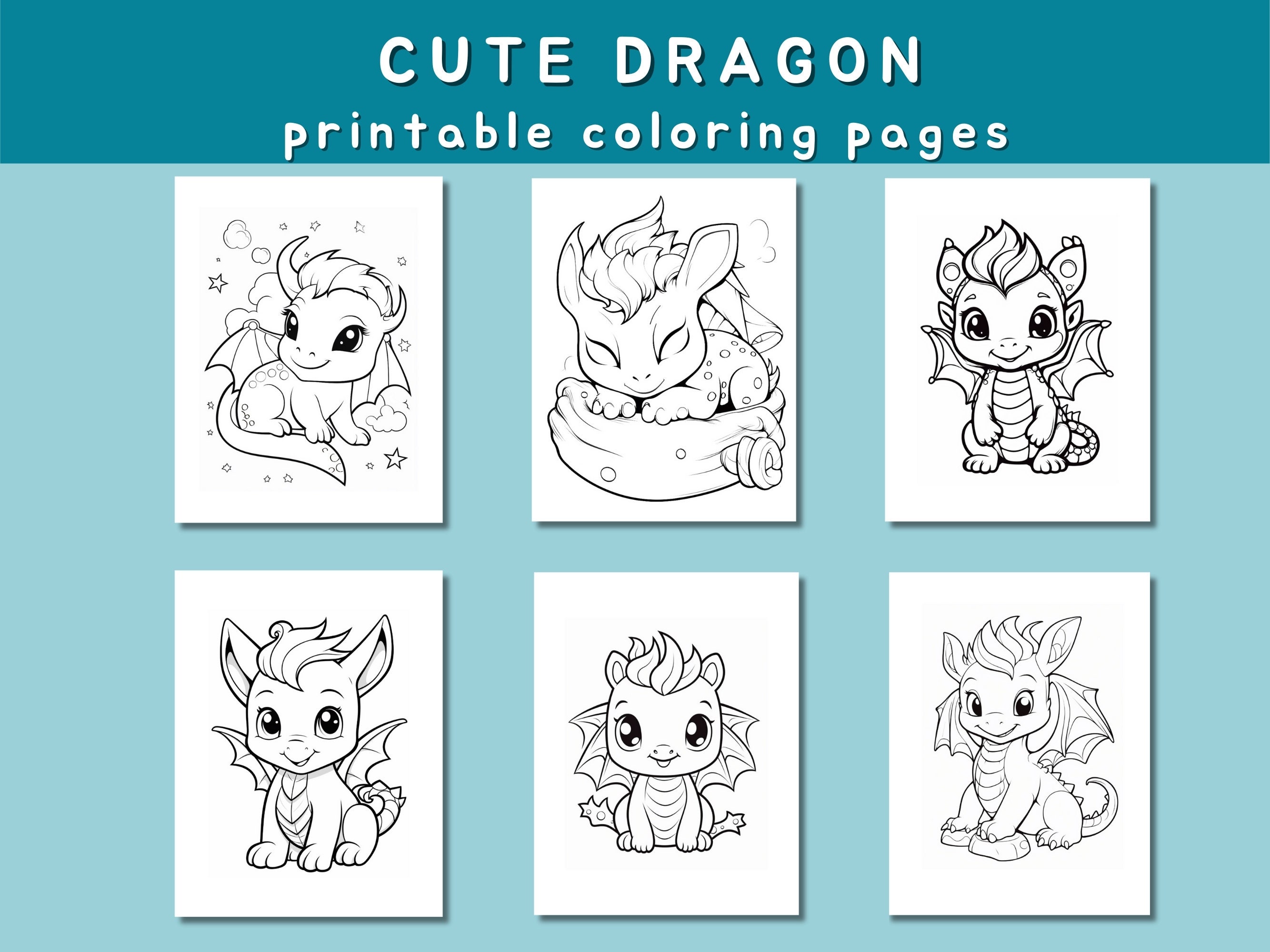 Cute Dragon Coloring Page for Kids,20 Digital Printable Baby Dragons ...