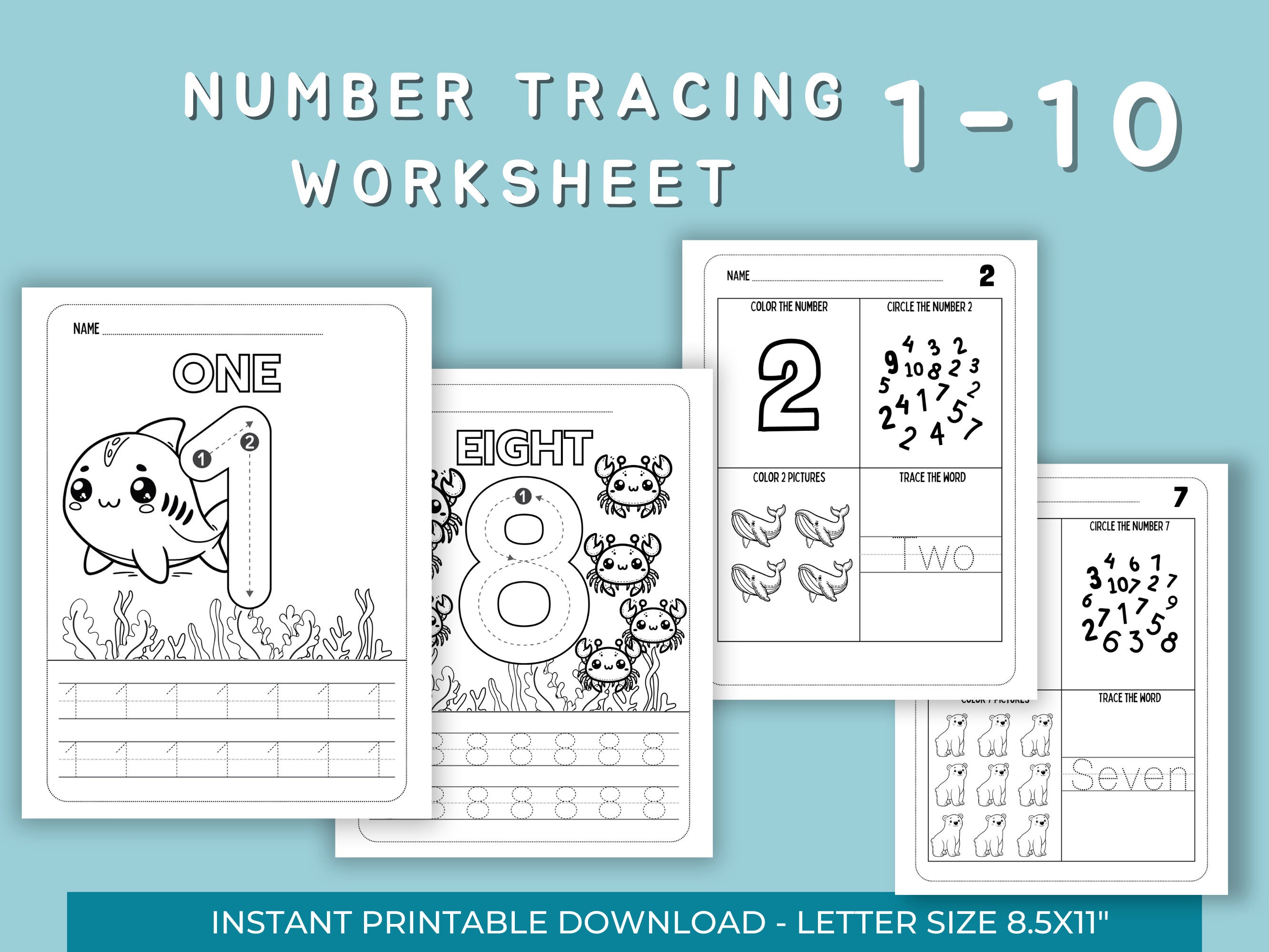 1-10 Number Tracing Worksheets, Digital Download, Preschool and ...
