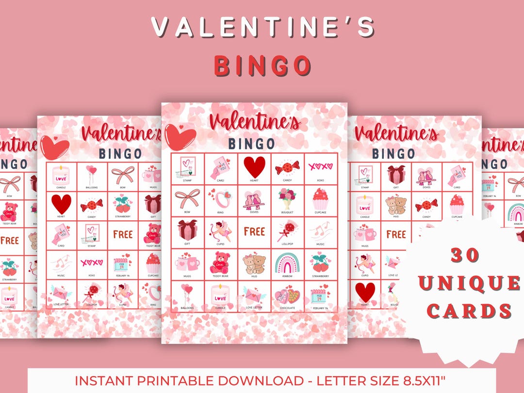 Valentine's Day Bingo Cards ,30 Printable Cards, Bingo Board Game for ...