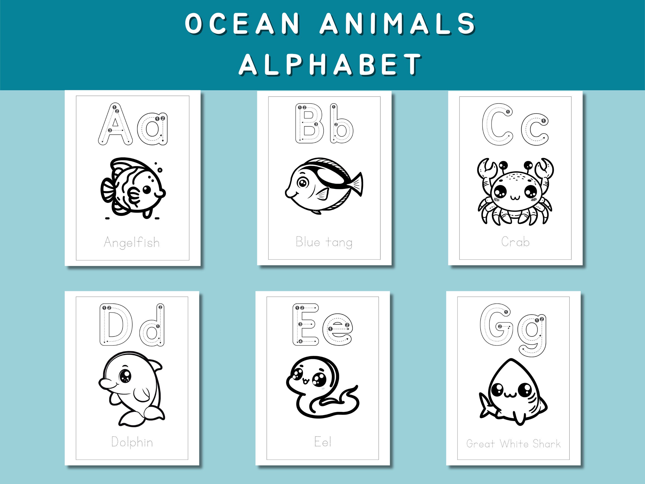 Ocean Animal Alphabet Coloring Page for Kids, Preschool Worksheet ...