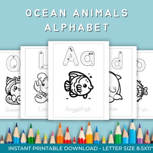 Ocean Animal Alphabet Coloring Page for Kids, Preschool Worksheet ...