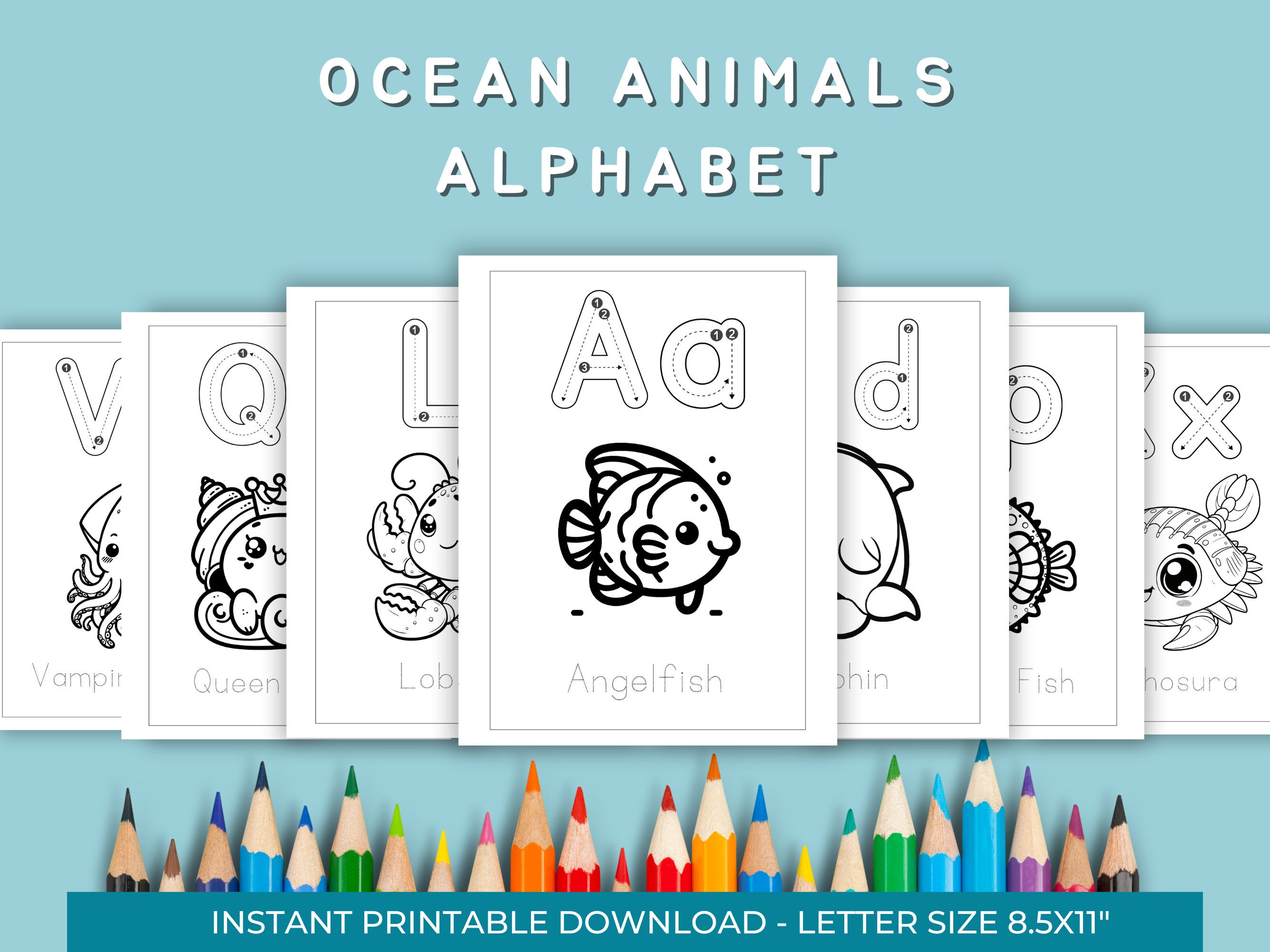 Ocean Animal Alphabet Coloring Page for Kids, Preschool Worksheet ...