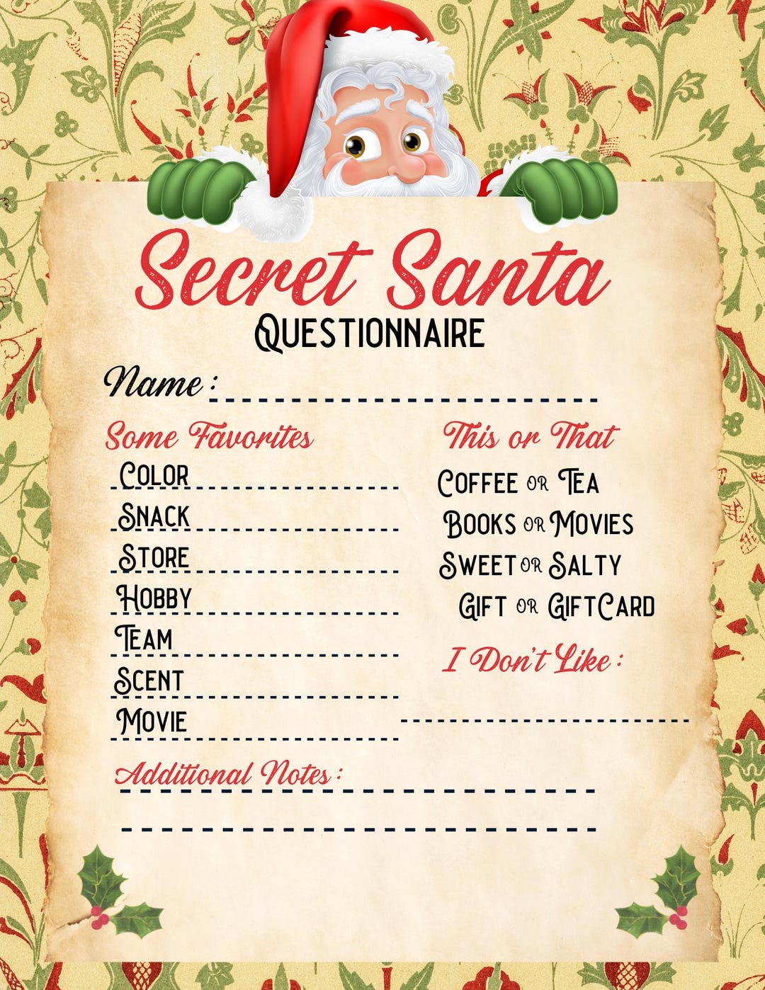Vintage Santa Secret Santa Questionnaire – Printable Gift Exchange ...
