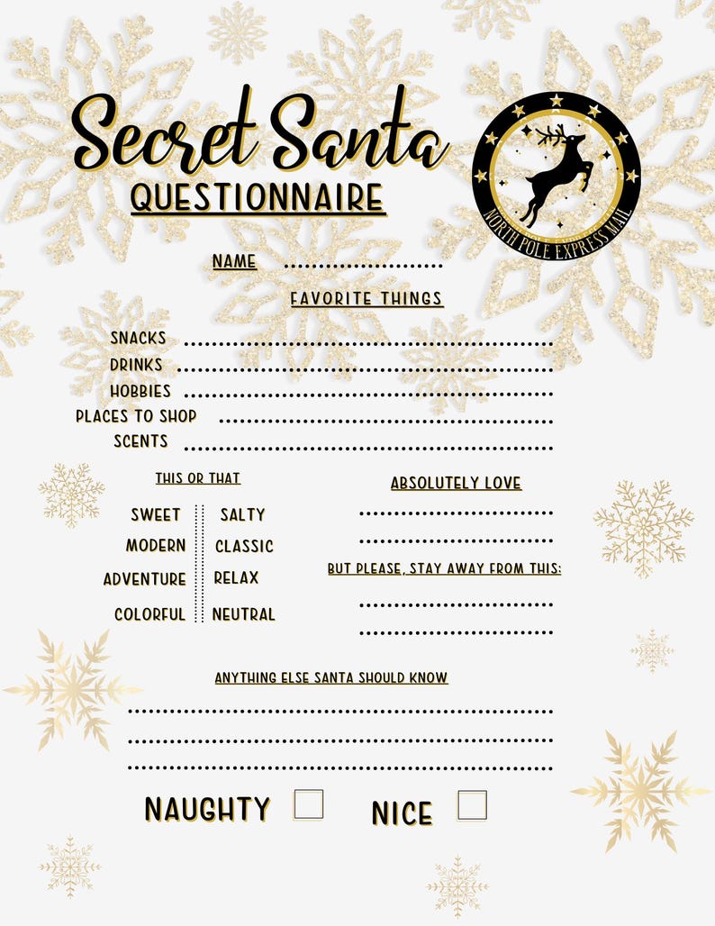Elegant Gold Snowflake Secretsanta Questionnaire Printable Holiday Gift ...