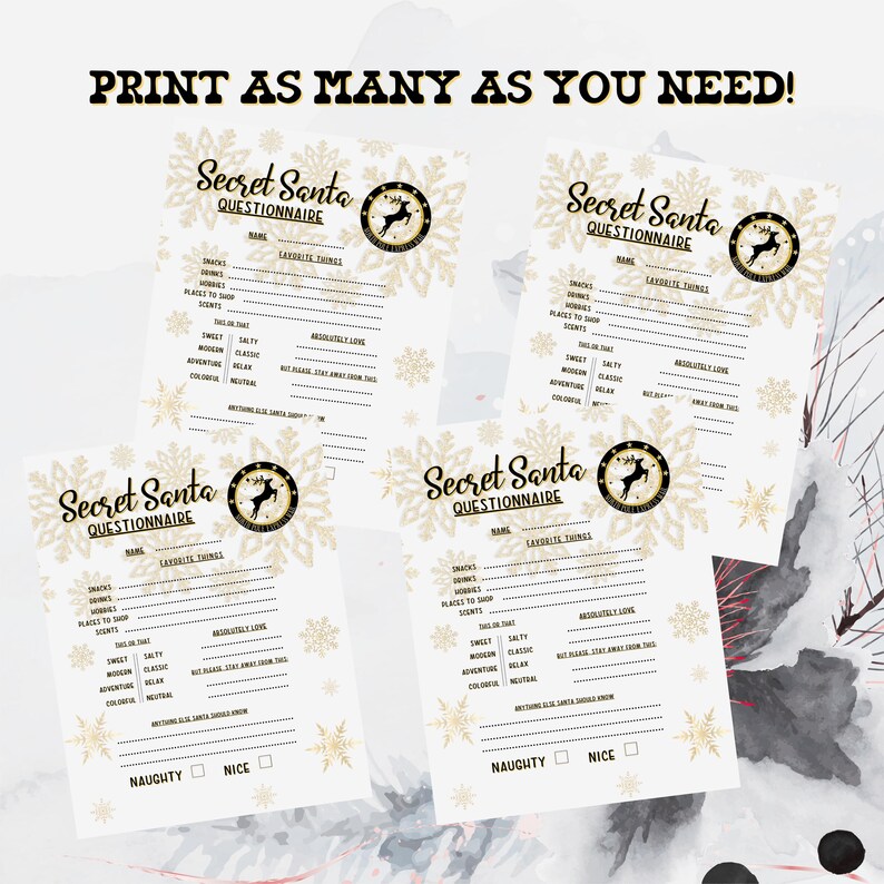 Elegant Gold Snowflake Secretsanta Questionnaire Printable Holiday Gift ...