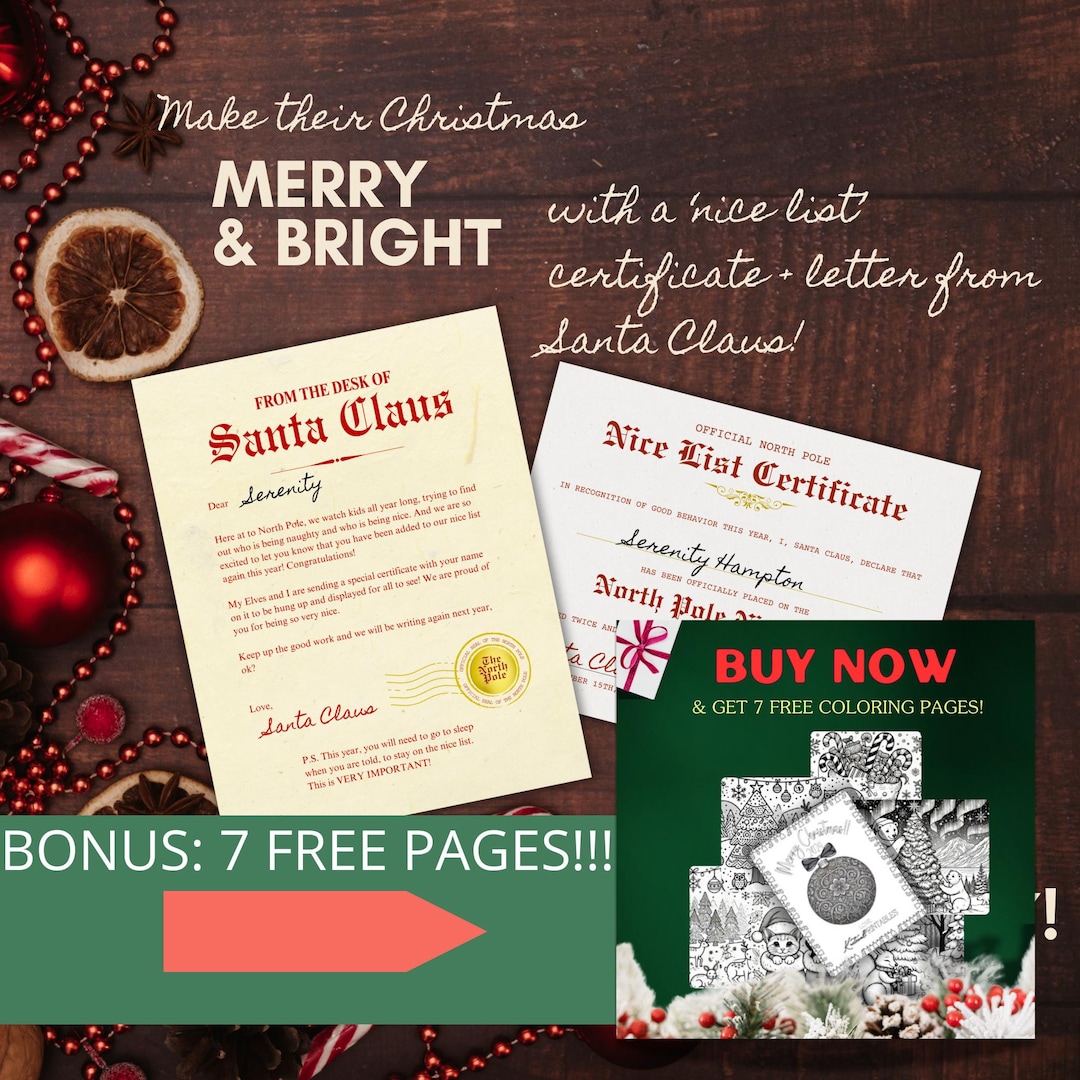 Nice List Certificate and Letter From Santa Printable, Christmas 2024 ...