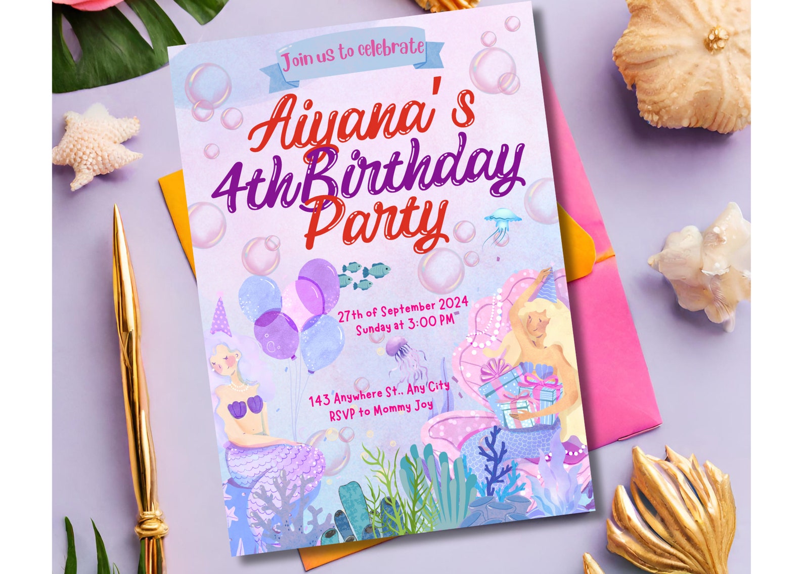 Editable Mermaid Birthday Invitation Mermaid Theme Invite Under the Sea ...