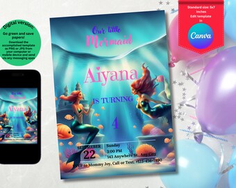 Mermaid Printable Birthday Invitation Girl's Mermaid Theme Party Invite ...