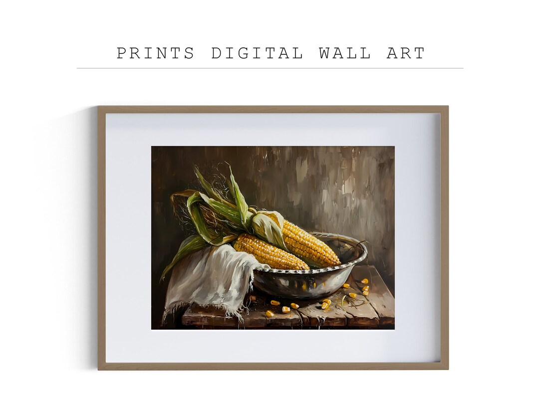 Corn Wall Art Printable Oil Painting, Corn on the Cob Bowl, Digital ...