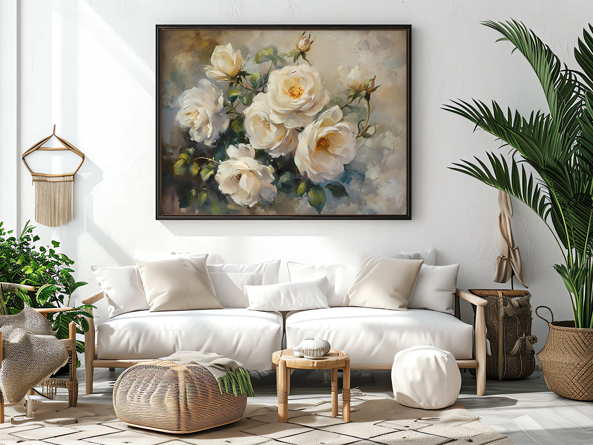 White Roses Wall Art Printable Oil Painting, Wheat Field, Digital ...