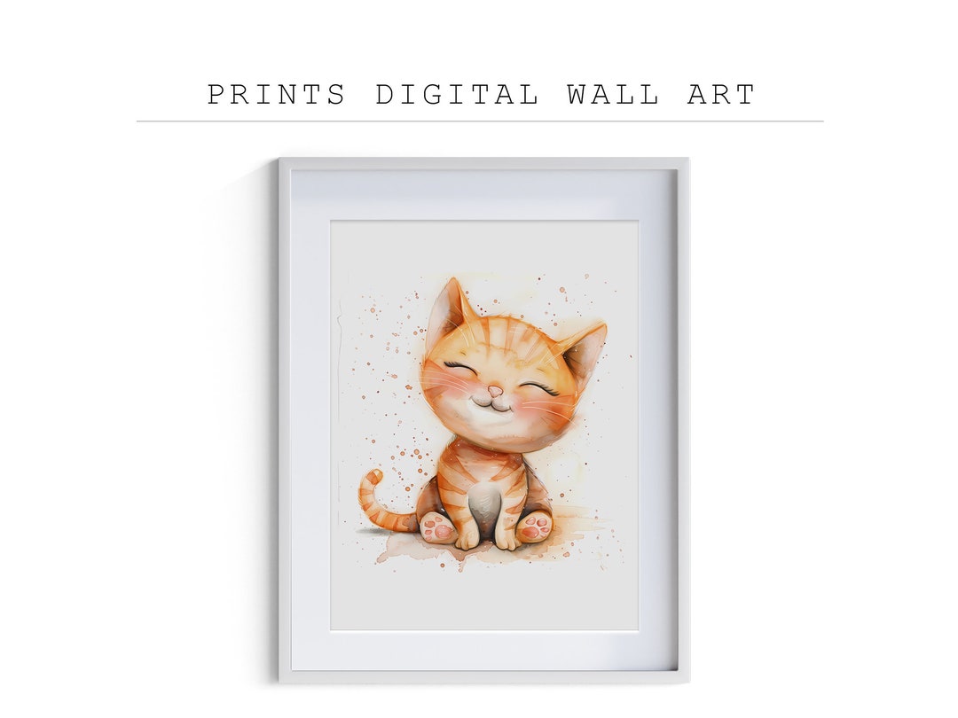 Cute Cat Wall Art Printable Watercolor, Baby Animal, Digital Graphic ...