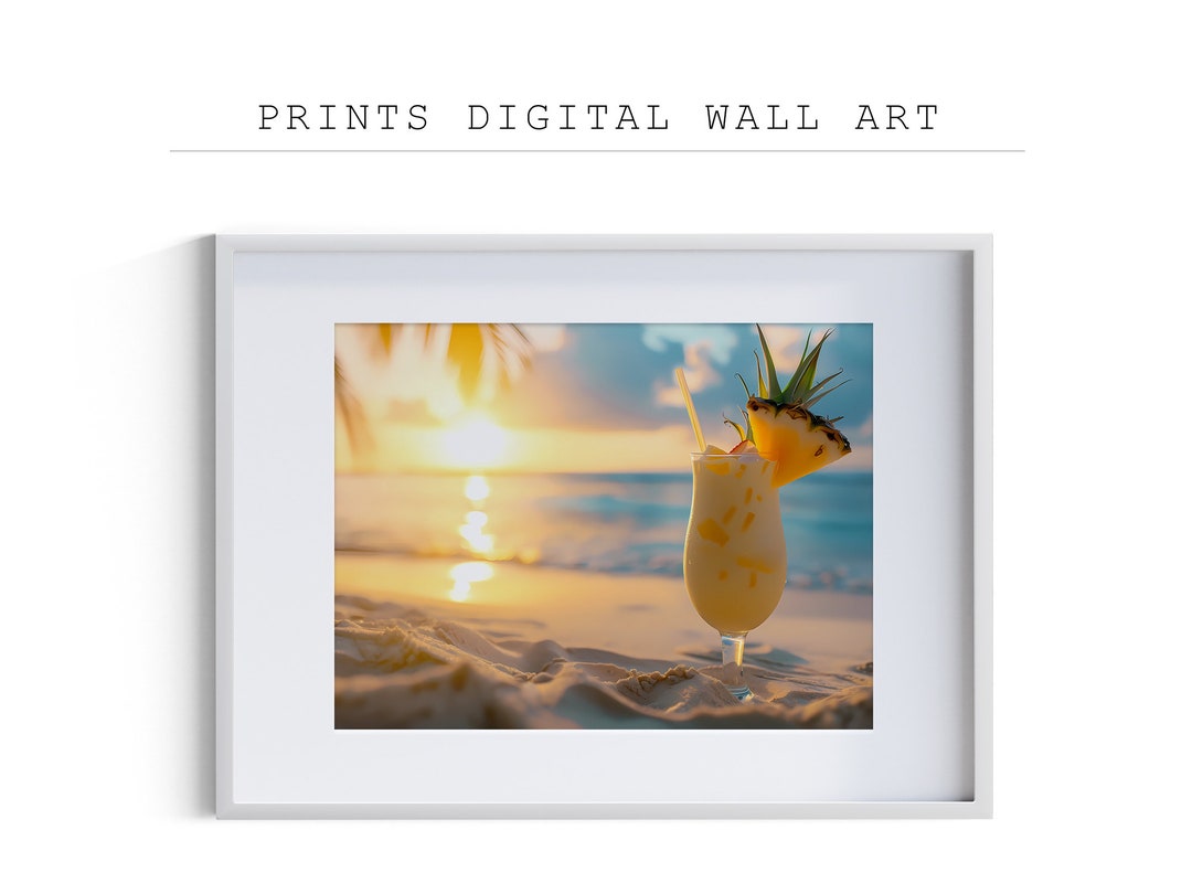 Printable Piña Colada Drink on Beach and Sunset Wall Art, Living Room ...