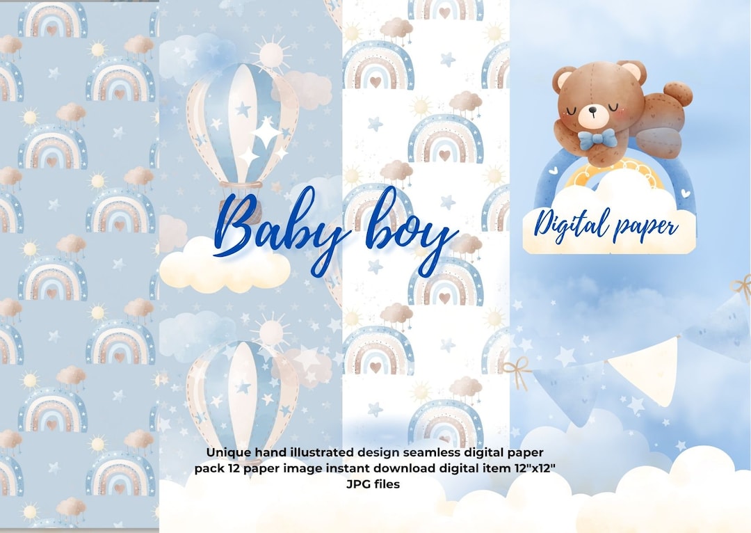 Baby Boy Seamless Patterns , Digital Download Paper With Rainbows and ...