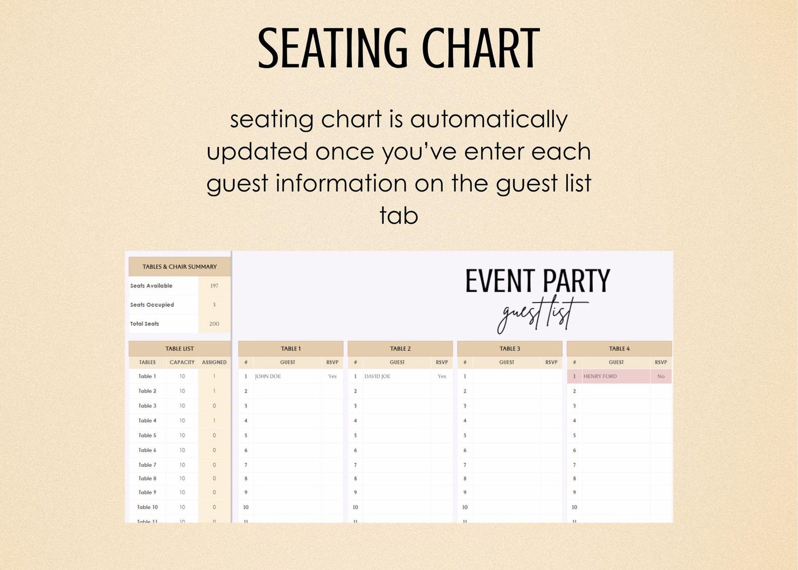 Event Guest List Tracker: Google Sheets Template, Seating Chart ...