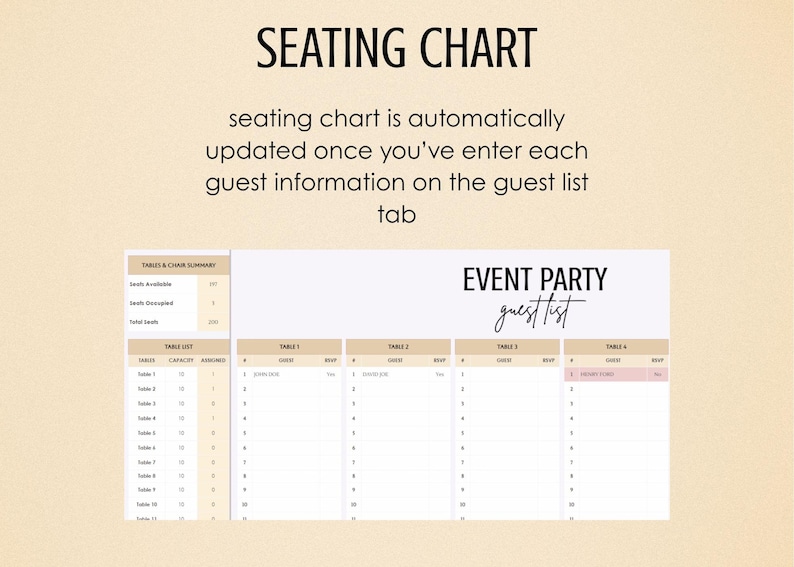 Event Guest List Tracker: Google Sheets Template, Seating Chart ...