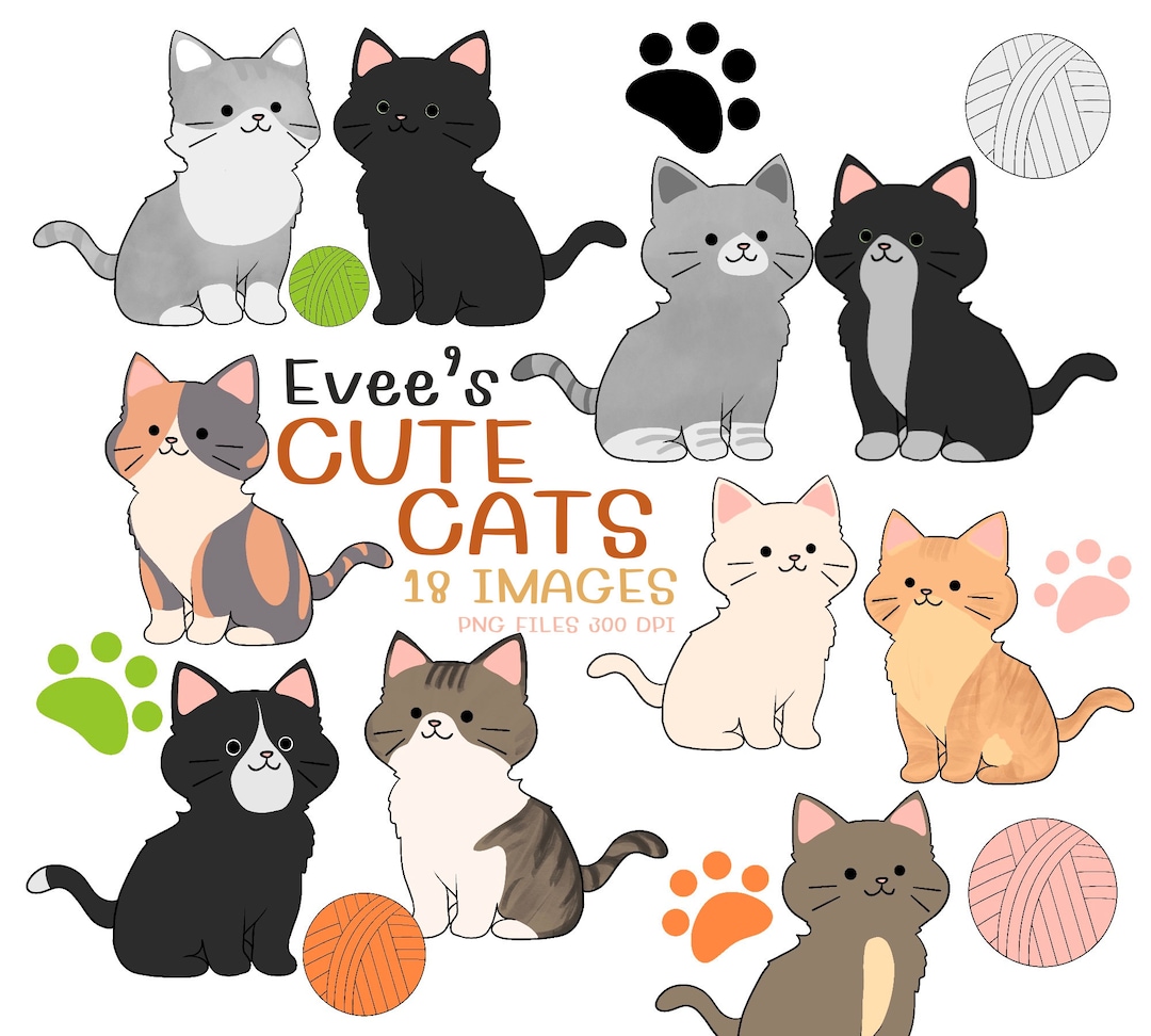 Meow Masterpieces-hand-drawn Cute Cat Clipart Set-instant Download Paw ...