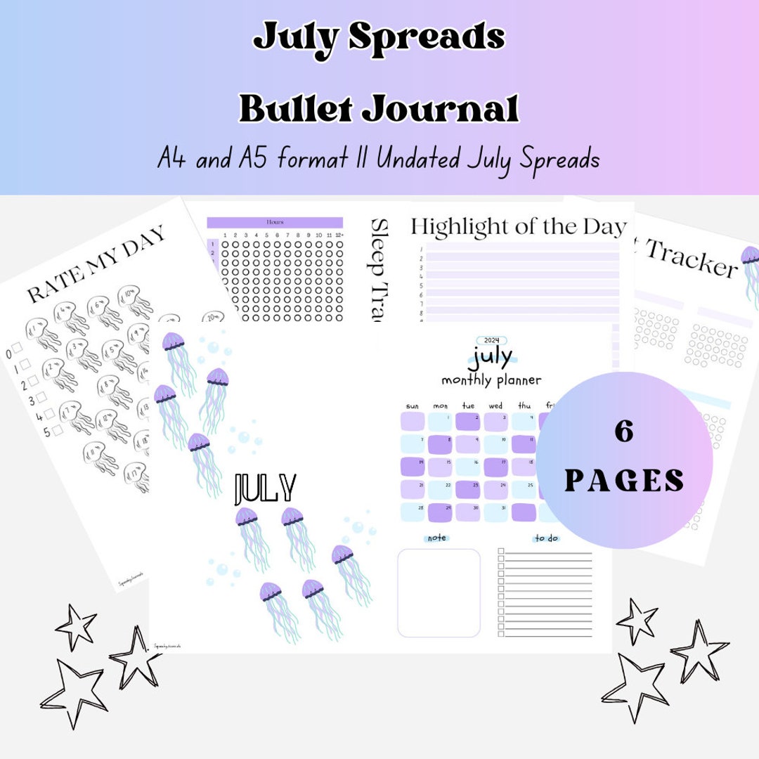 July Bullet Journal Digital Pages With Unique Jellyfish Art, Perfect ...