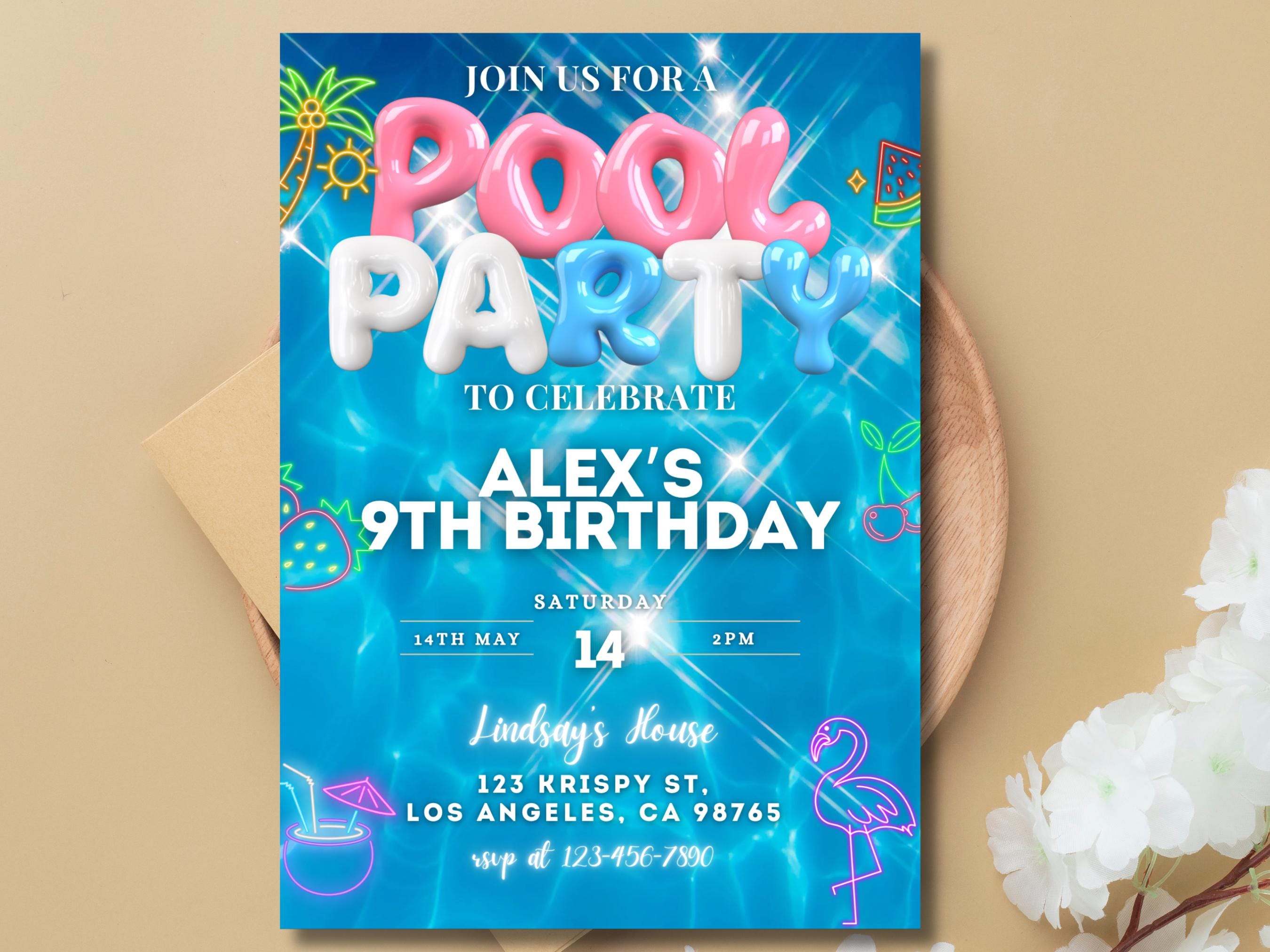 Pool Party Editable Invitation, Summer Birthday Party Evite, Text ...