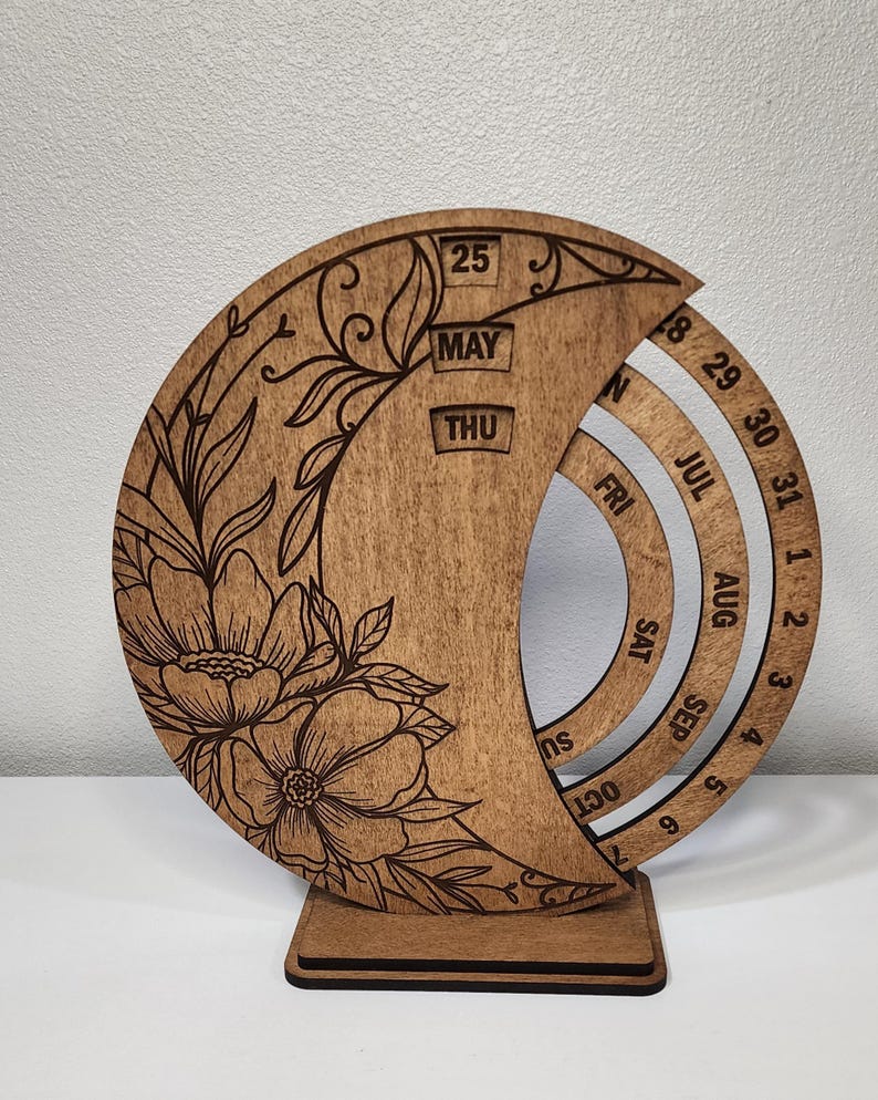 Flower & Moon Birch Perpetual Calendar: Laser Engraved Wooden Desk ...