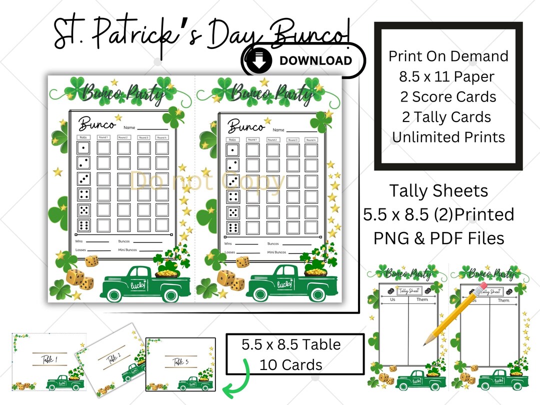 St. Patrick's Day Bunco Cards, Cute March Bunco Cards Digital Download ...