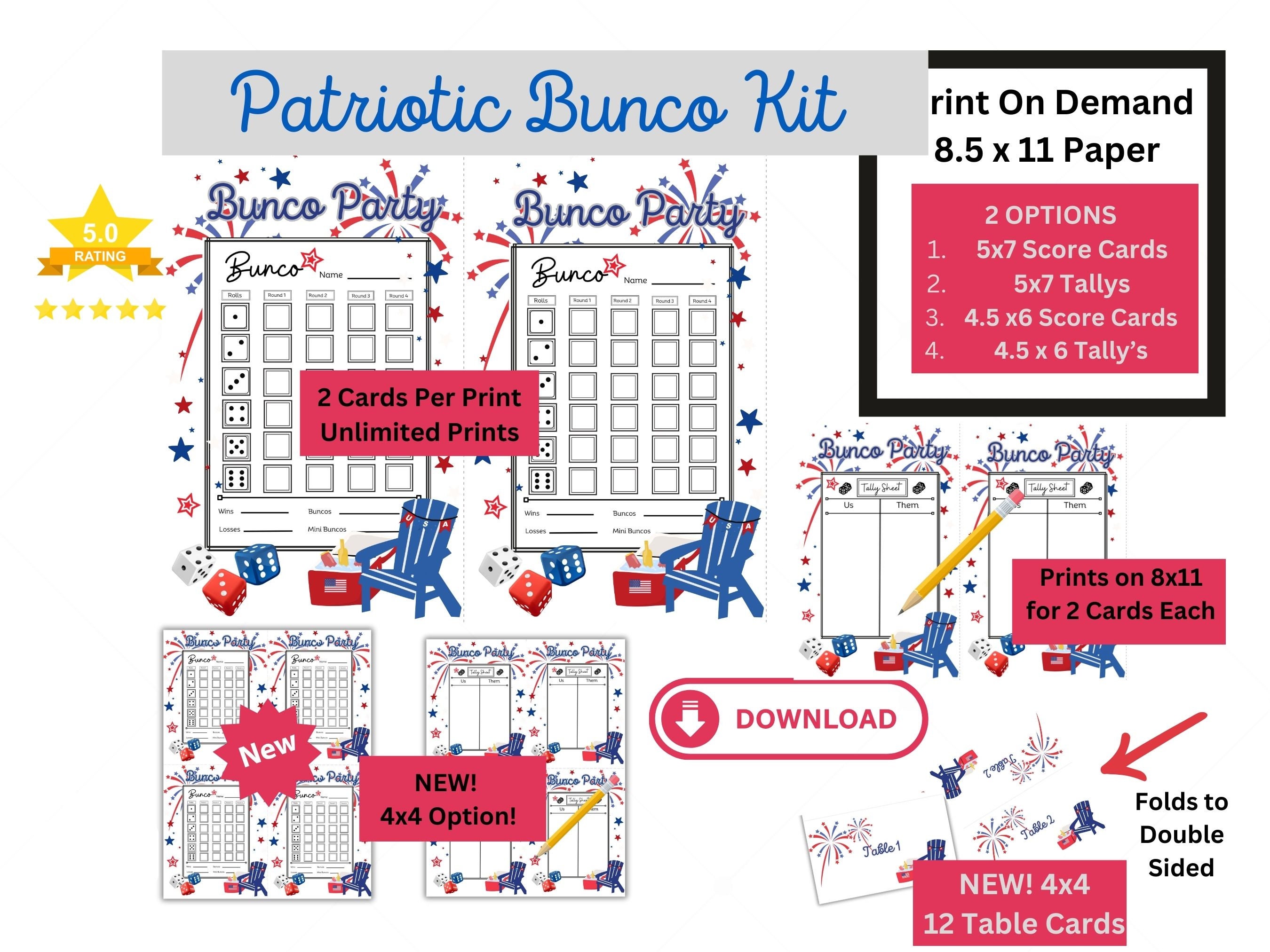 July Bunco Score Cards Patriotic Red White Blue Bunco Cards Digital ...