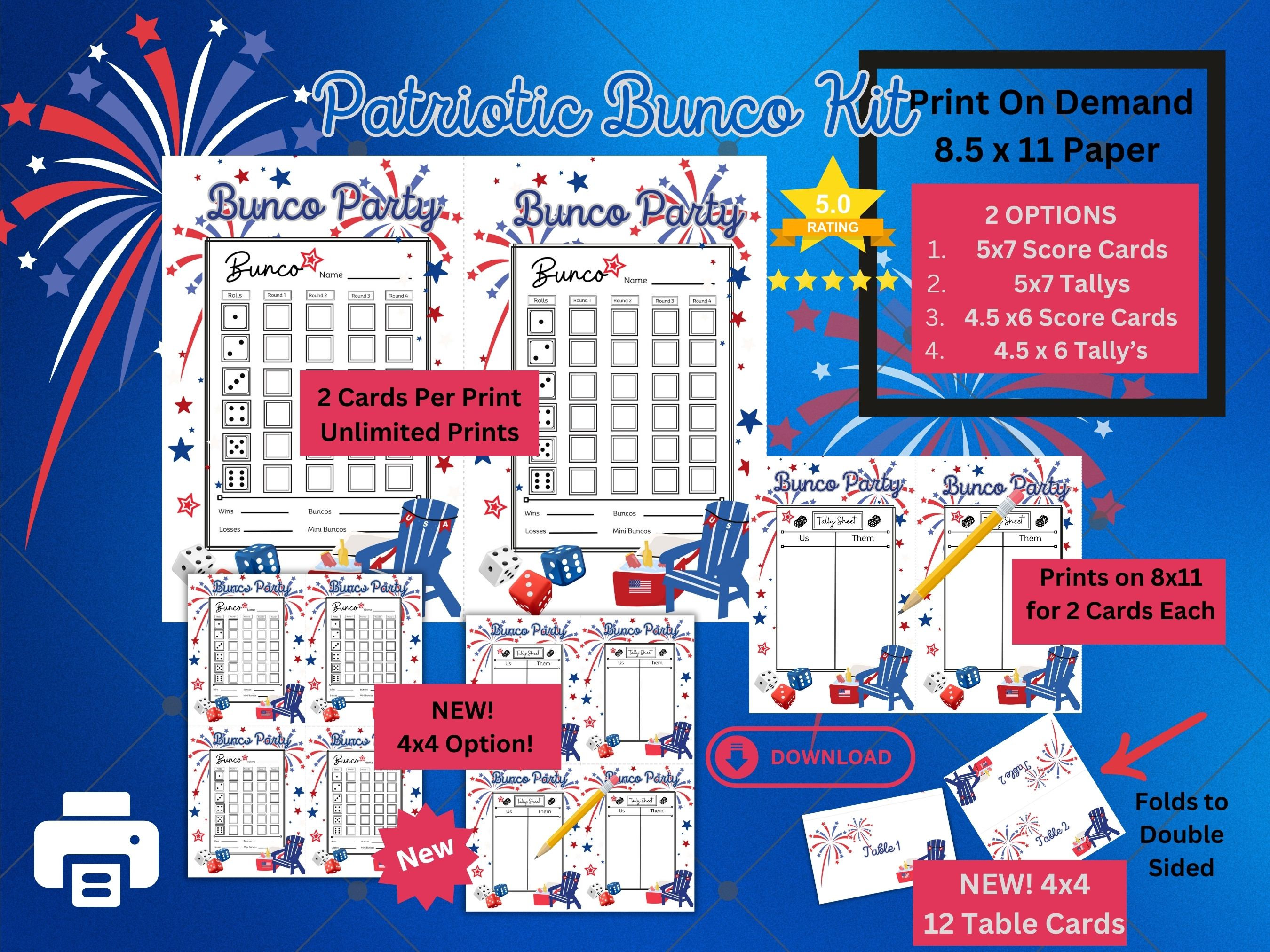 July Bunco Score Cards Patriotic Red White Blue Bunco Cards Digital ...
