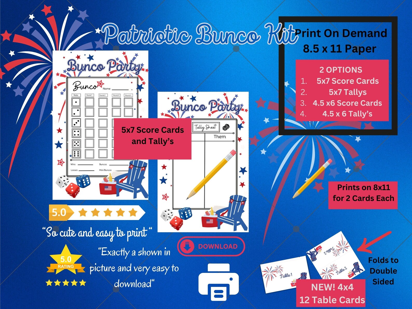 July Bunco Score Cards Patriotic Red White Blue Bunco Cards Digital ...