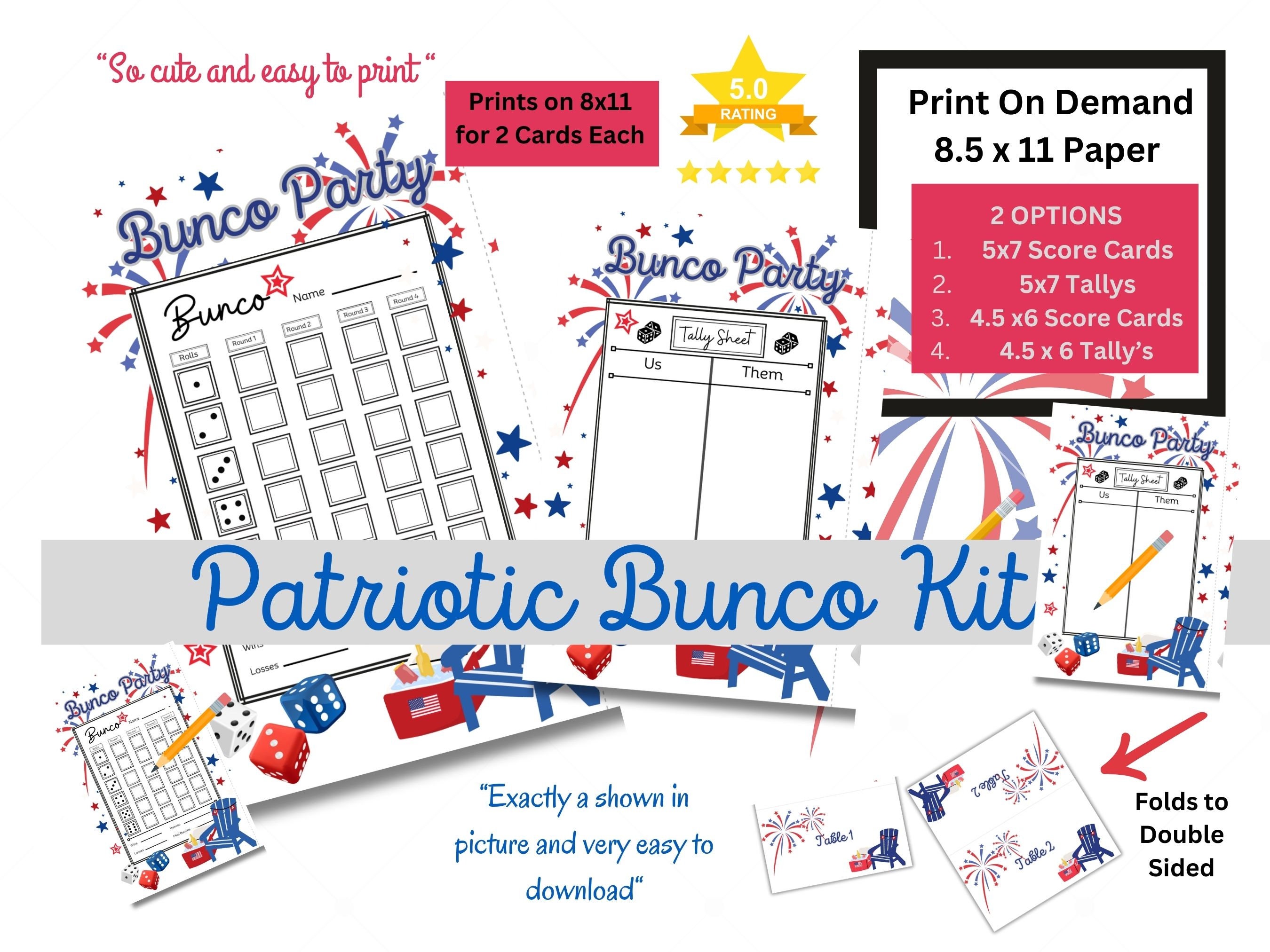 July Bunco Score Cards Patriotic Red White Blue Bunco Cards Digital ...