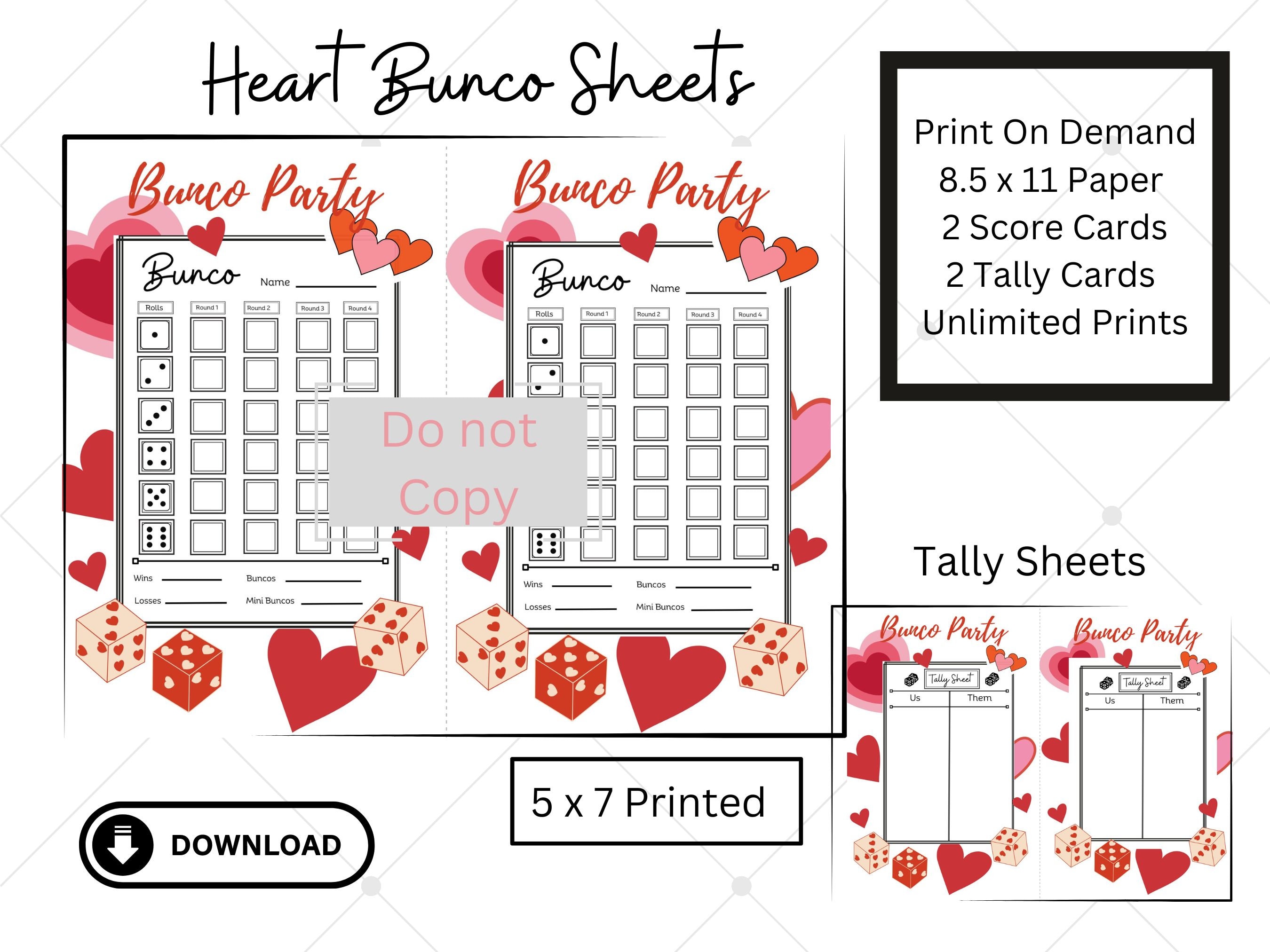 Heart Bunco Cards, Valentines Day Bunco, Bunco With Hearts Digital ...