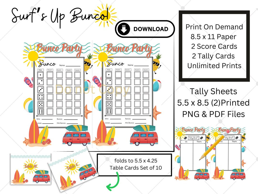 Beach Bunco Score Cards Summer Bunco Cards for Beach Summer Bunco Cards ...