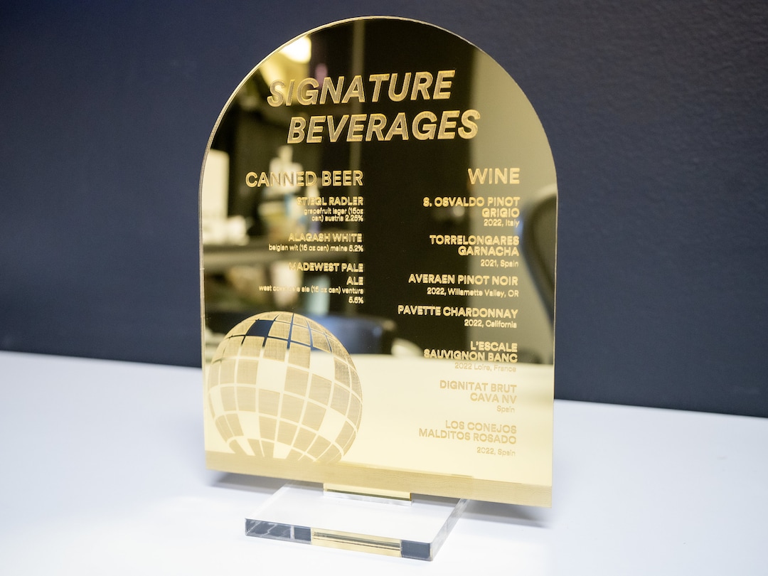 Elegant Mirrored Acrylic Cocktail Food Drink Menu Weddings Birthdays ...