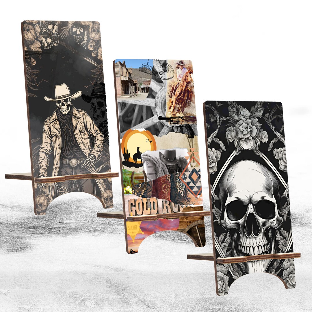 Western Cowboy Collage Wood Phone Stand Gothic Skeleton Holder Gift for ...