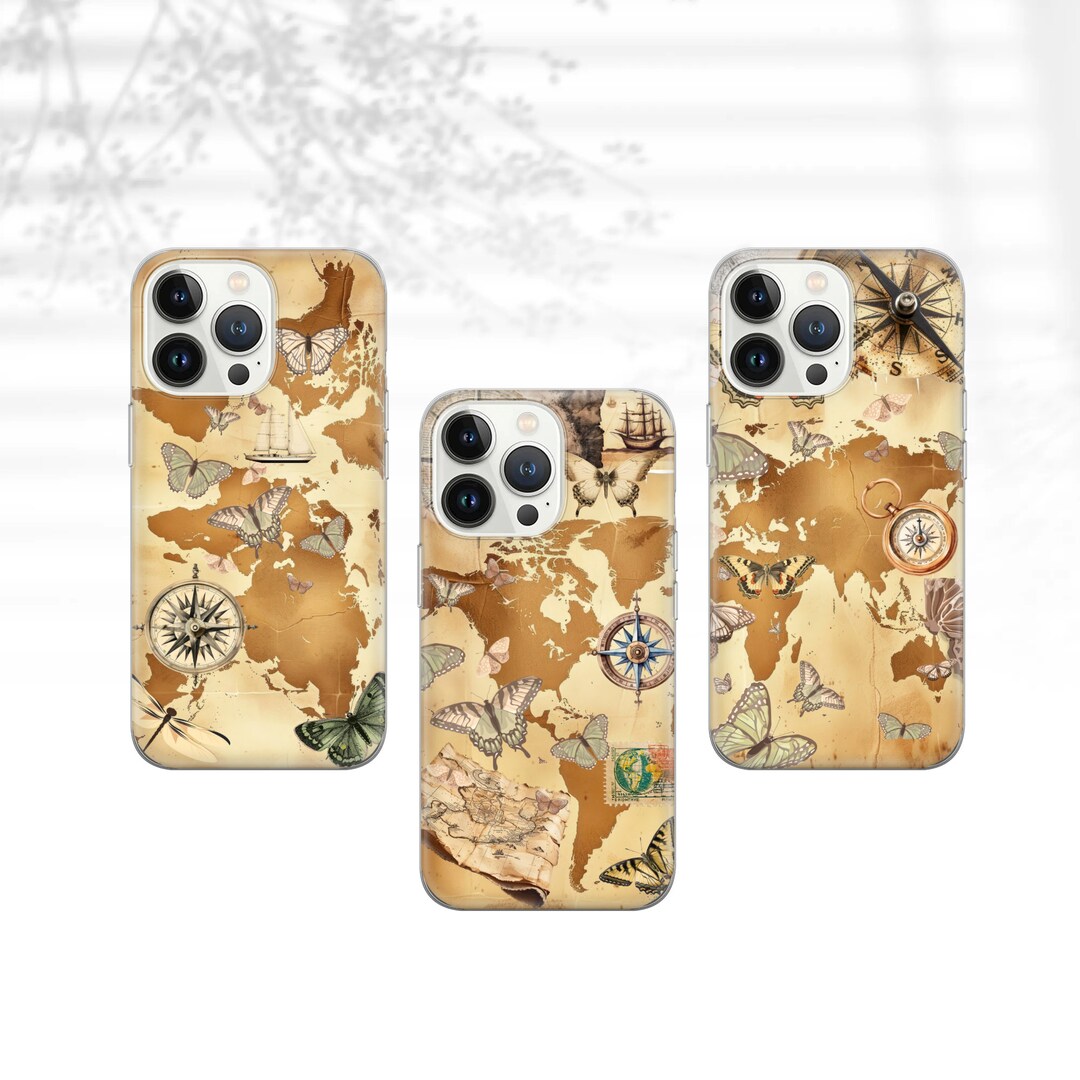 Vintage World Map Phone Case Olp Compass Cover for iPhone 15 14 13 SE ...