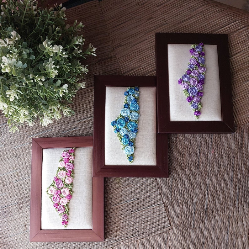 Pink Framed Palestine Map, Ribbon Embroidered, Palestine Embroidery ...