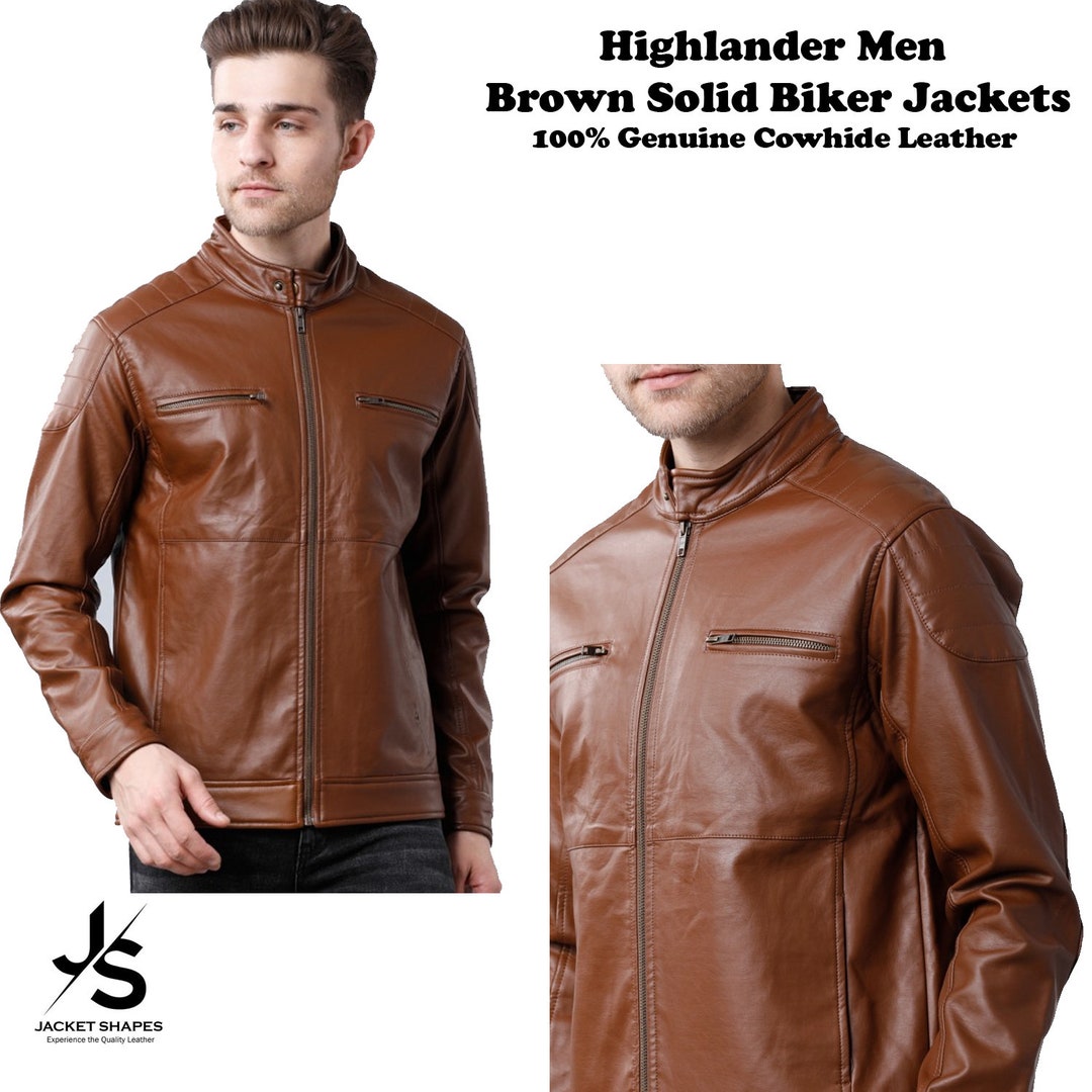 Highlander Men Brown Solid Biker Jackets 100% Genuine Cowhide Leather ...
