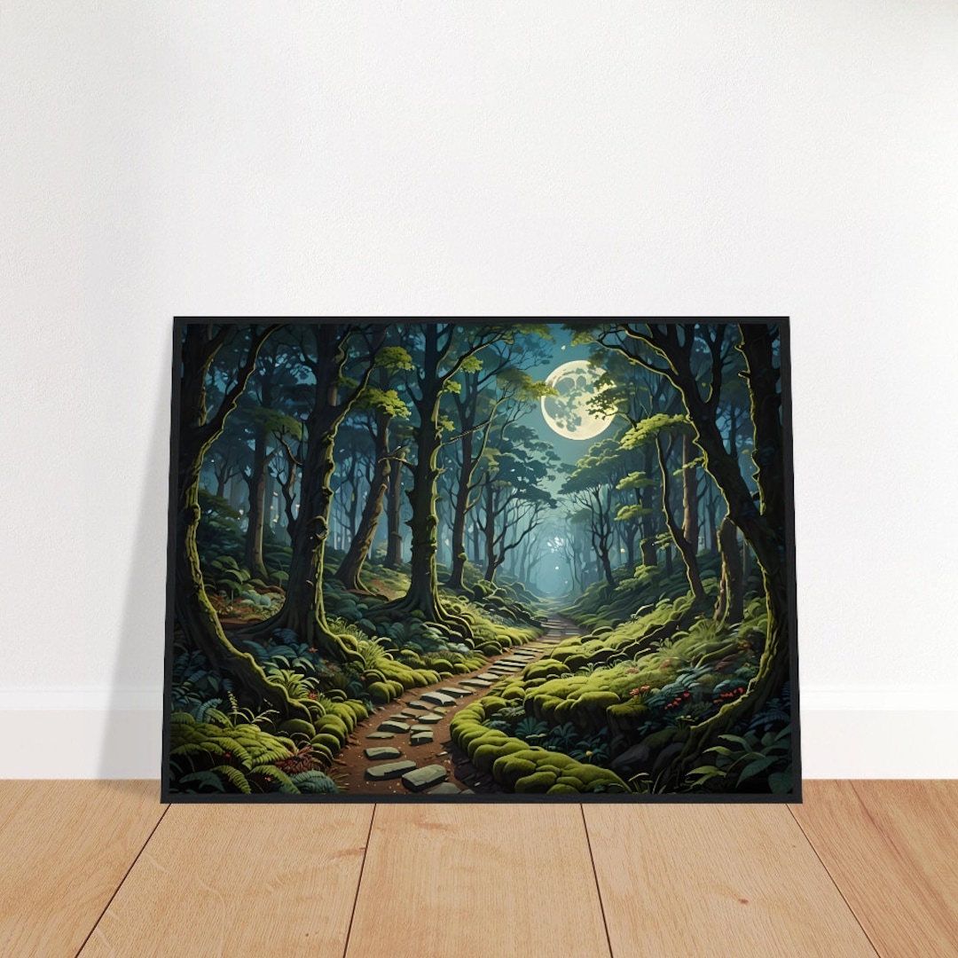 Moonlit Forest | Forest Path Lit by Moonlight Painting, Landscape ...