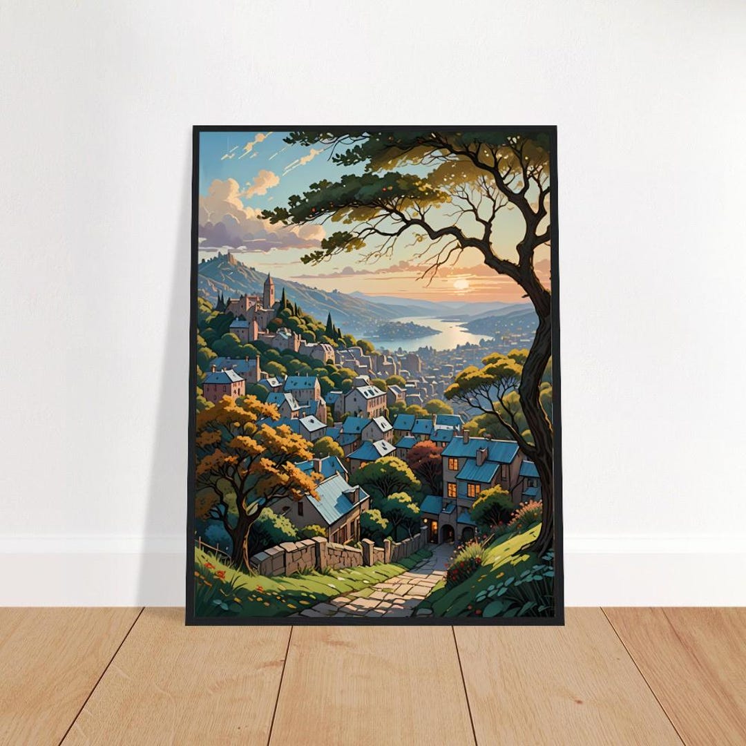 Downhill Overview | View of a Scenic Town From Hill Upon High Painting ...