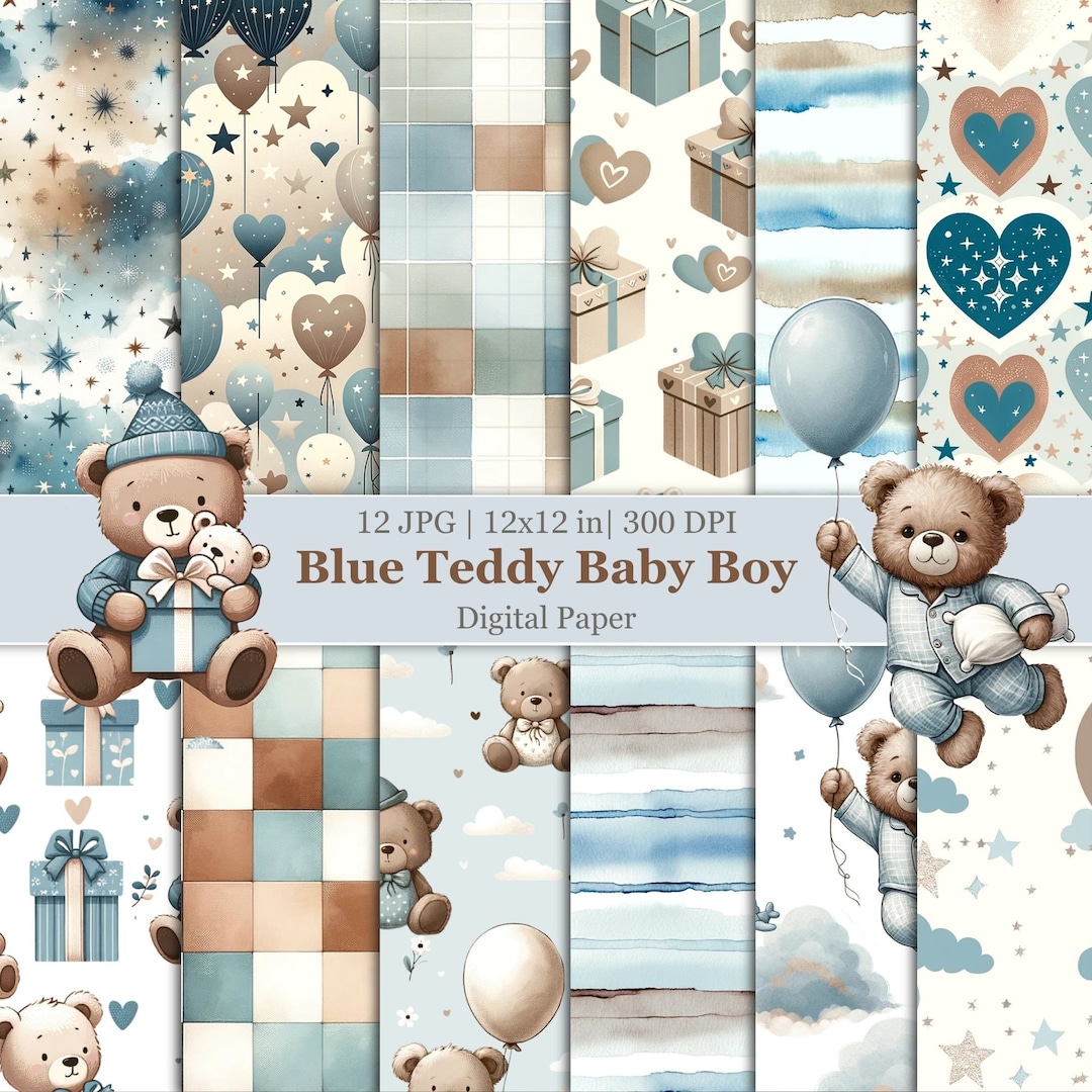 Blue Teddy Bear Digital Paper, Baby Bear Pattern, Nursery Baby Boy ...