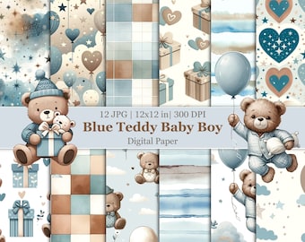 Blue Teddy Bear Digital Paper, Baby Bear Pattern, Nursery Baby Boy ...