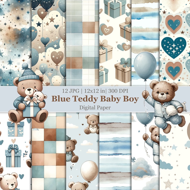 Blue Teddy Bear Digital Paper, Baby Bear Pattern, Nursery Baby Boy ...