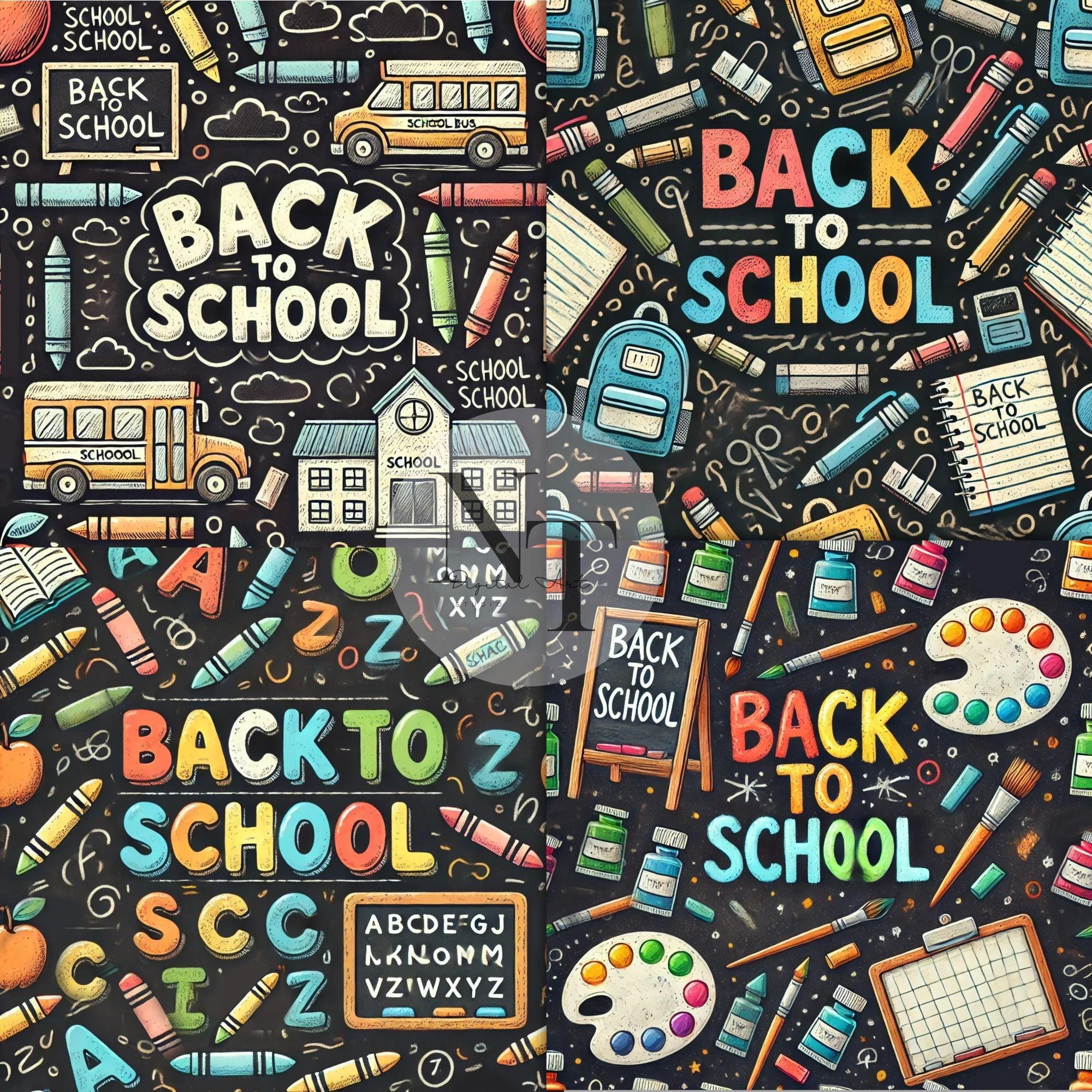 Chalkboard Back to School Digital Paper, School Supplies Seamless ...