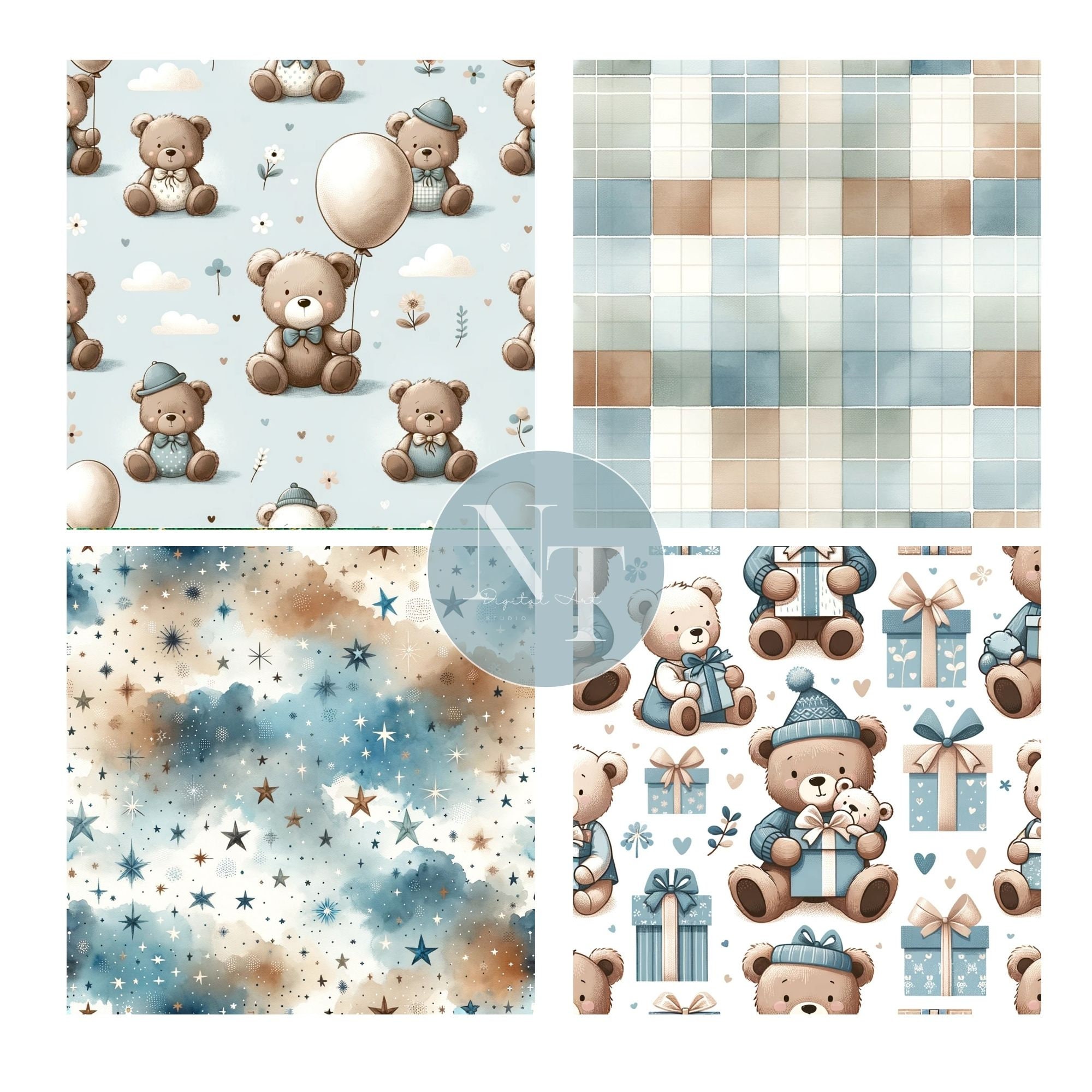 Blue Teddy Bear Digital Paper, Baby Bear Pattern, Nursery Baby Boy ...