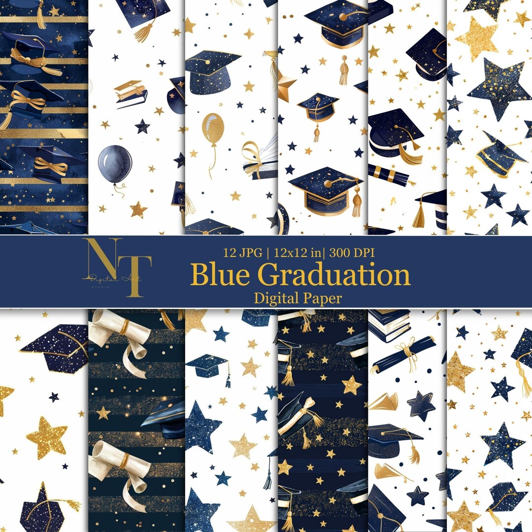 Graduation Digital Paper Seamless Pattern, Class of 2024, Glitter Blue ...